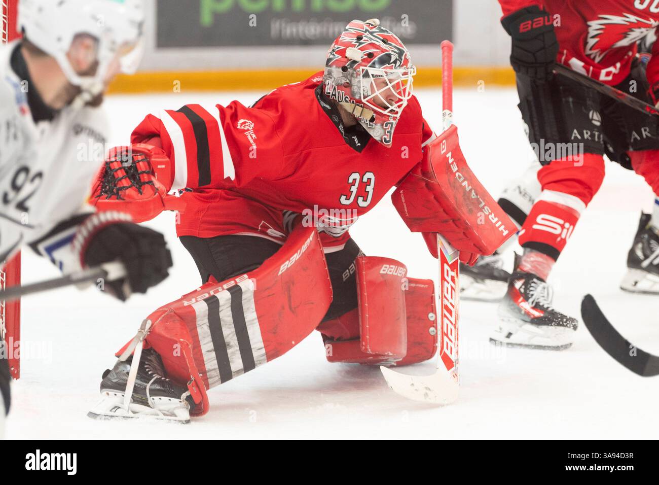 Lausanne, Switzerland. , . Kevin Pasche (goalkeeper) of Lausanne HC #33 ...