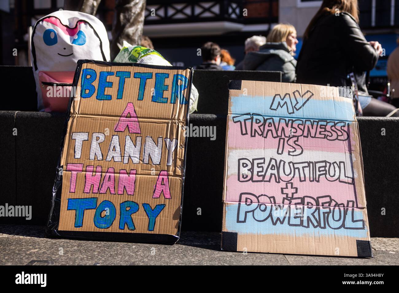 Nottingham, UK. 28 MAR, 2025. "Better a Tranny than a Tory" and "My ...