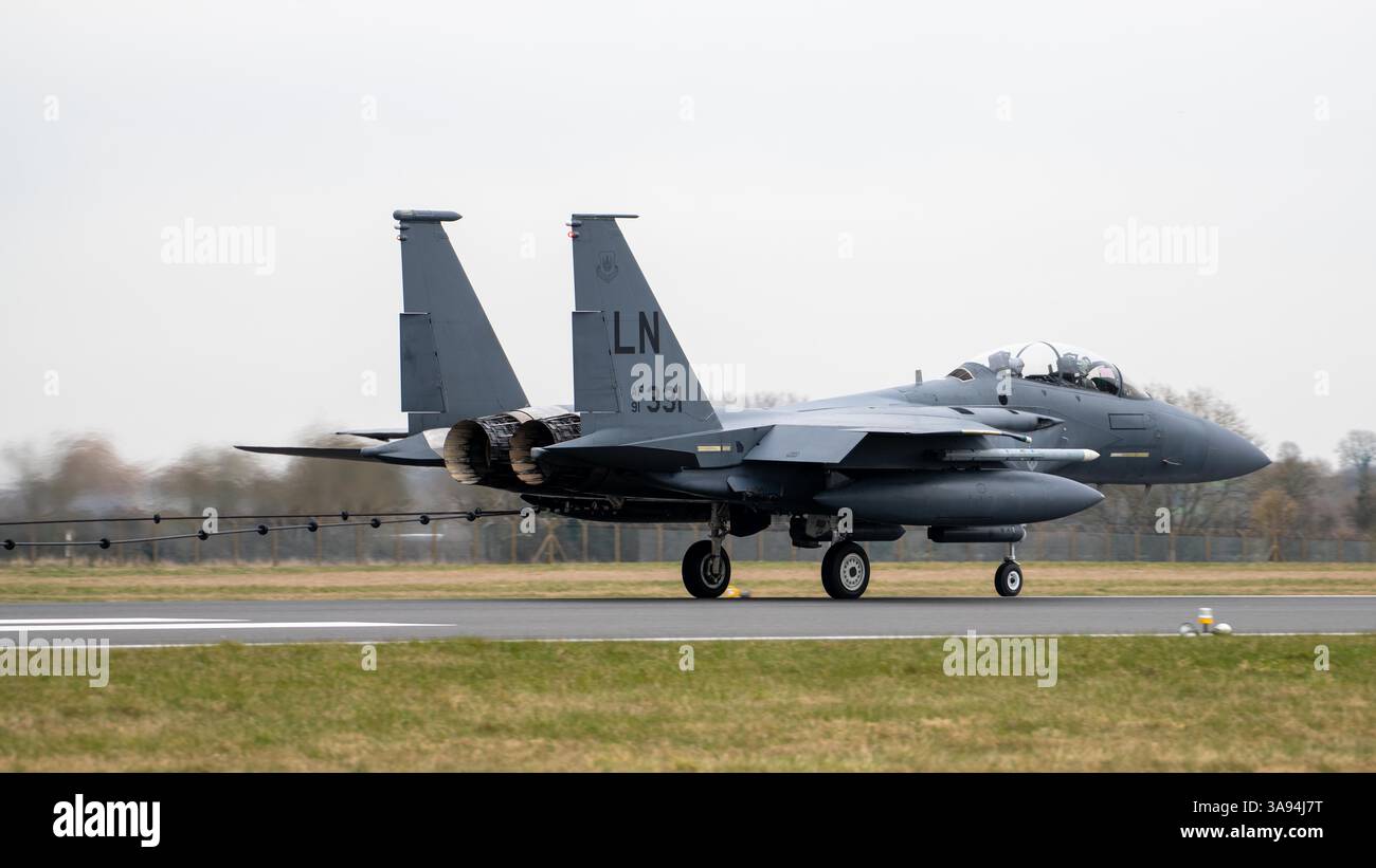 A F-15E Strike Eagle assigned to the 492nd Fighter Squadron tests a ...
