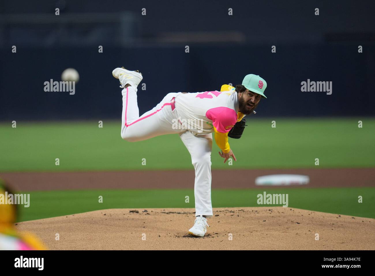 San Diego Padres starting pitcher Dylan Cease works against an Atlanta ...