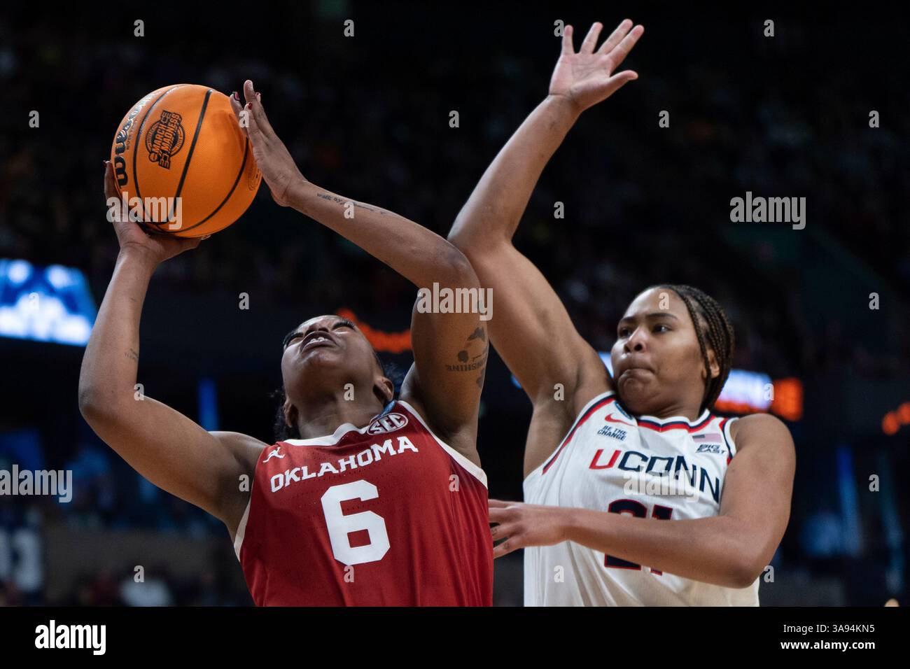 Oklahoma forward Sahara Williams (6) shoots as UConn forward Sarah ...