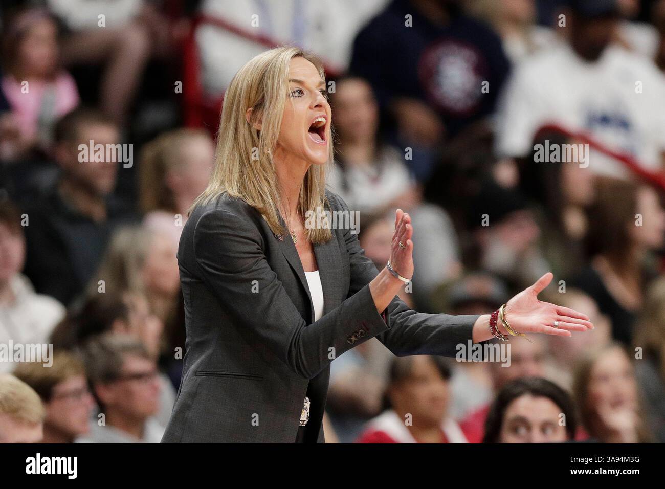 Oklahoma head coach Jennie Baranczyk directs her team during the first ...