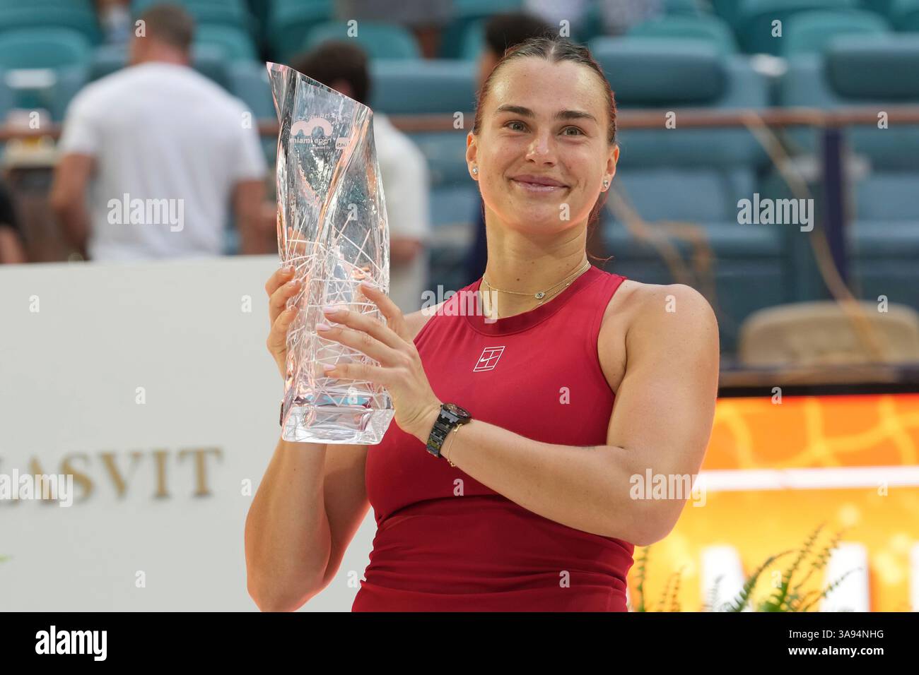 Aryna Sabalenka lifts the Butch Buchholz trophy after defeating Jessica Pegula during the women ...