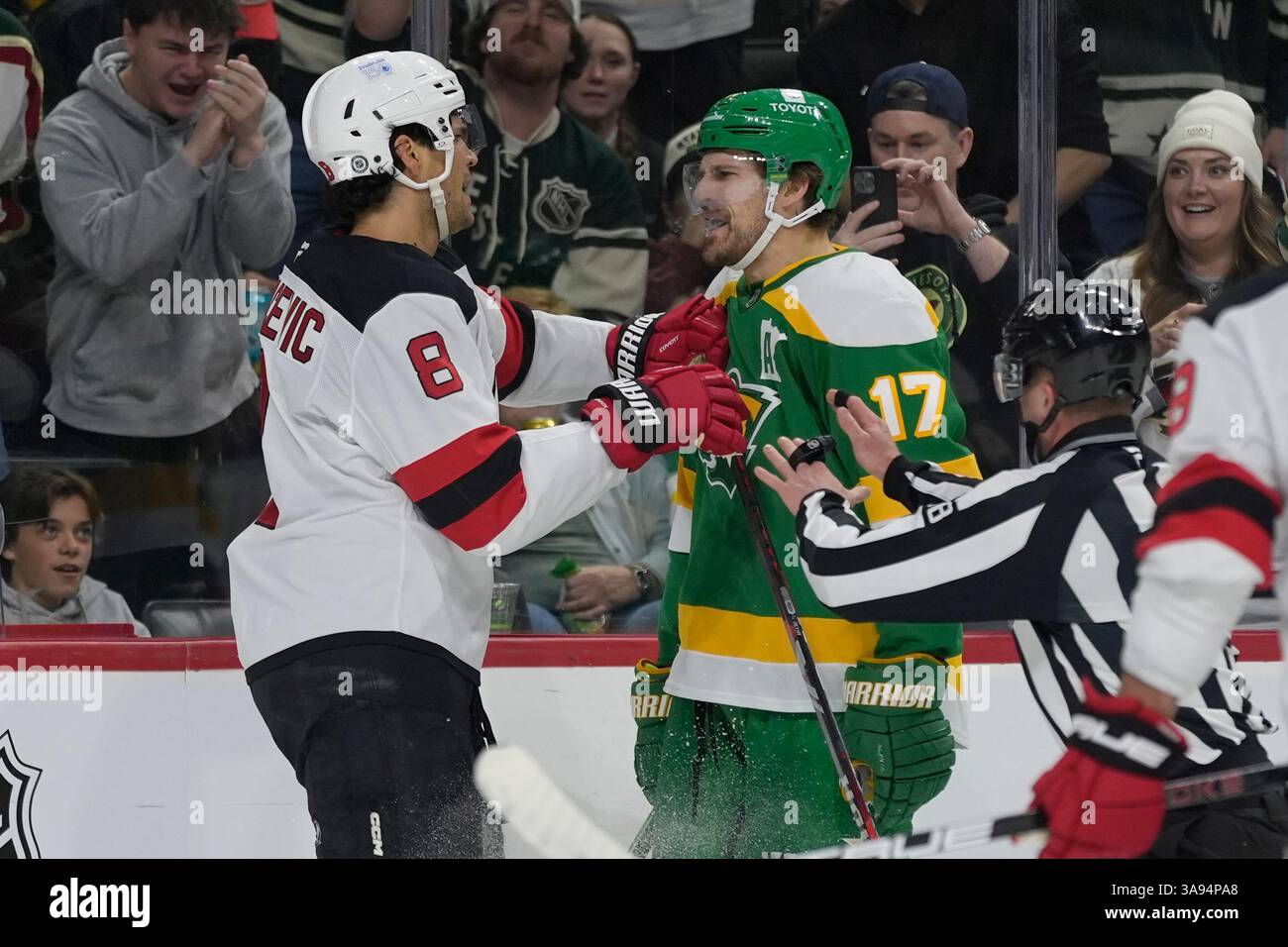 New Jersey Devils defenseman Johnathan Kovacevic (8) pushes Minnesota ...