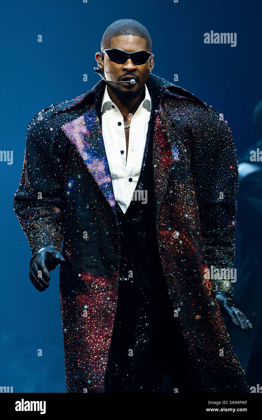 Usher performs on stage at the O2 Arena in London, Saturday, March 29 ...