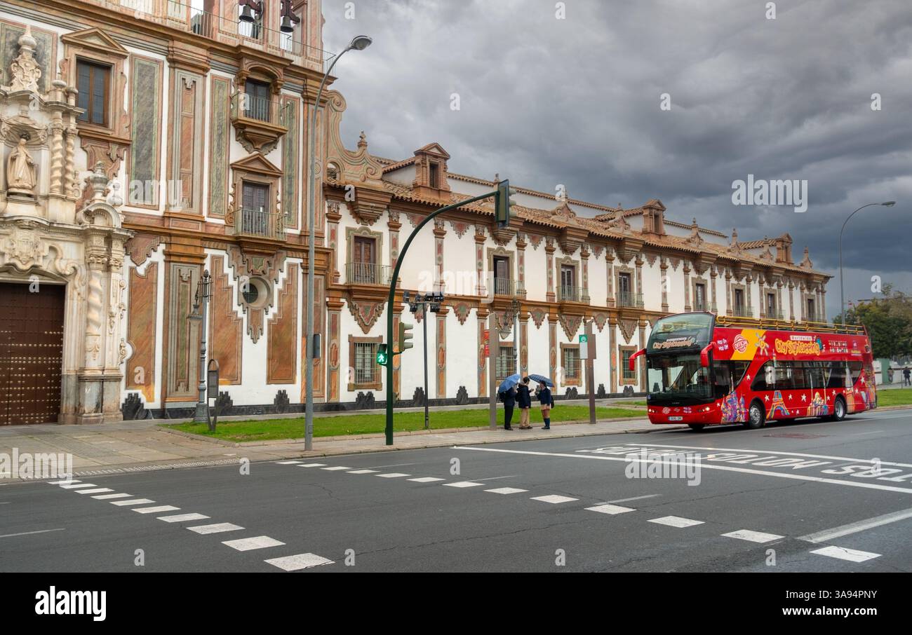 Red City Tour Bus with Tourists Onboard Sightseeing Palacio de la ...