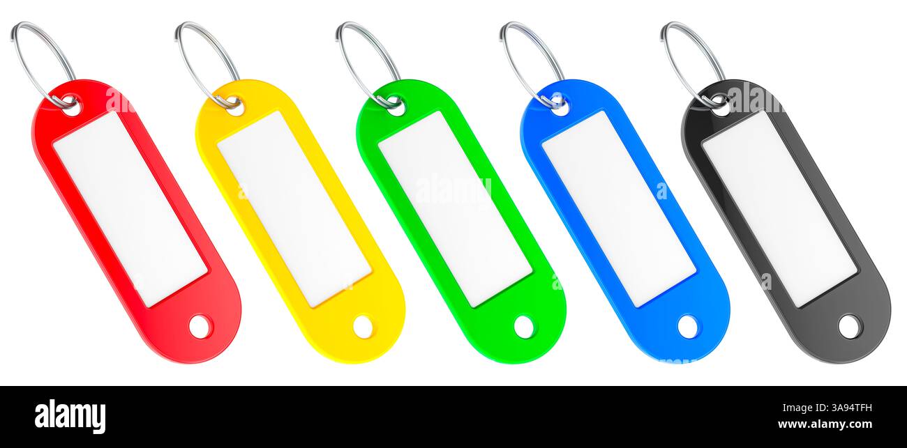 Colored Plastic Key Tags with empty labels, 3D rendering isolated on ...