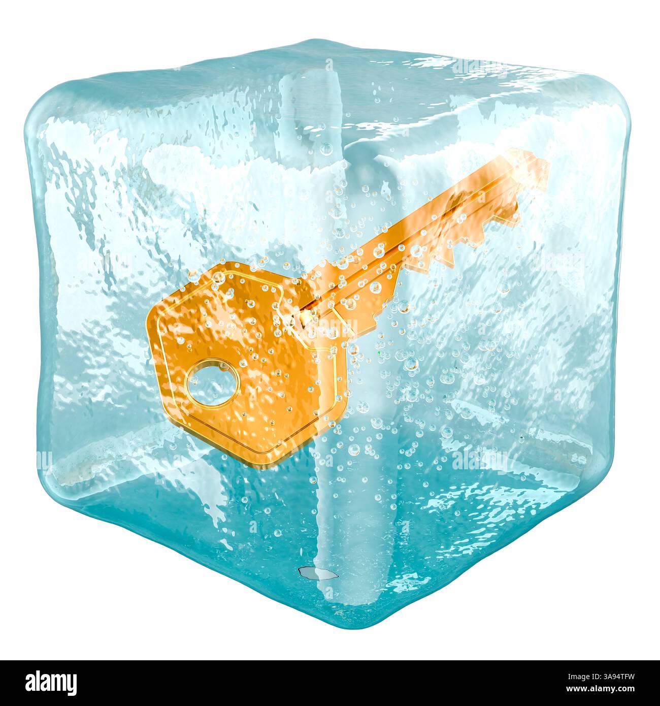 Key frozen in ice cube, 3D rendering isolated on white background Stock ...