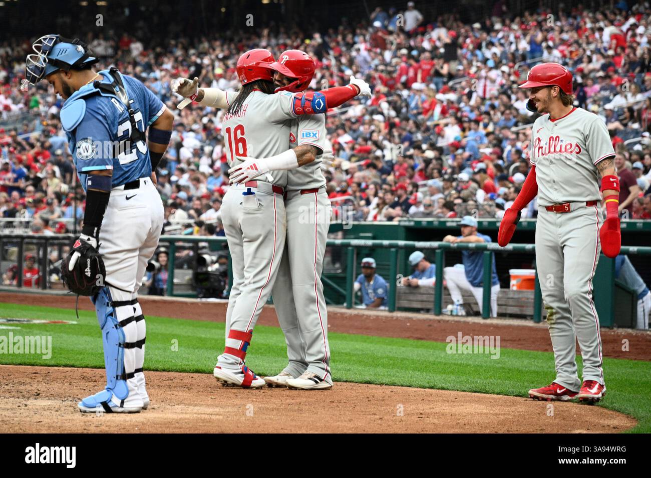 Philadelphia Phillies' Brandon Marsh (16) celebrates after his three ...