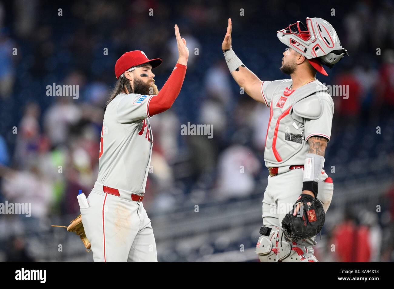 Philadelphia Phillies' Brandon Marsh, left, celebrates with Rafael ...
