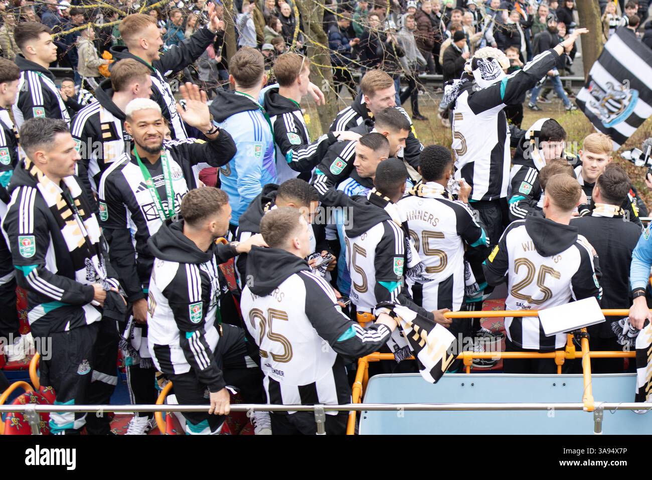 Newcastle, UK. 29th Mar 2025. Open top bus parade as part of Newcastle ...