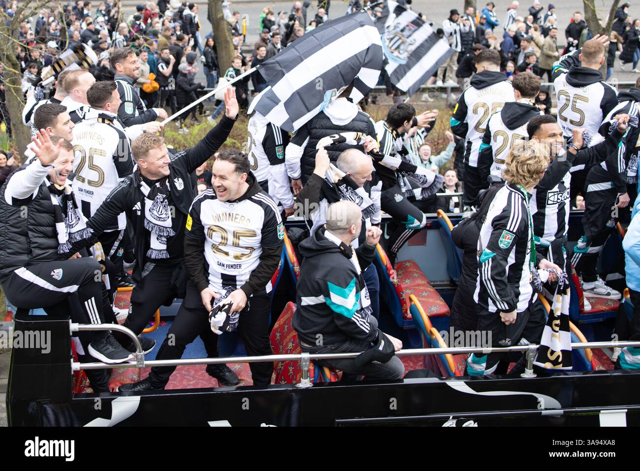 Newcastle, UK. 29th Mar 2025. Open top bus parade as part of Newcastle ...