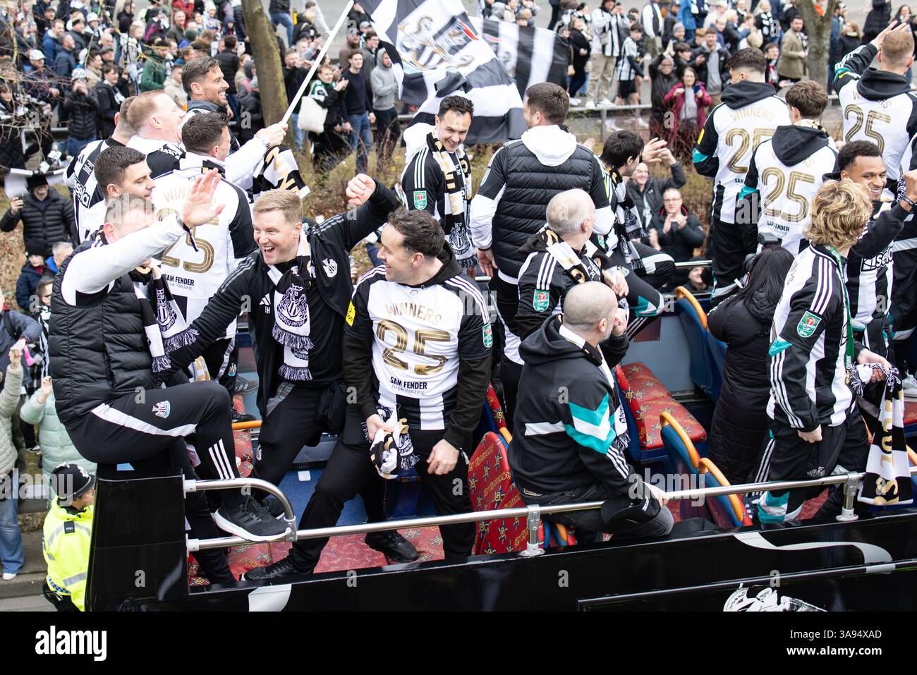 Newcastle, UK. 29th Mar 2025. Manager Eddie Howe on the open top bus ...
