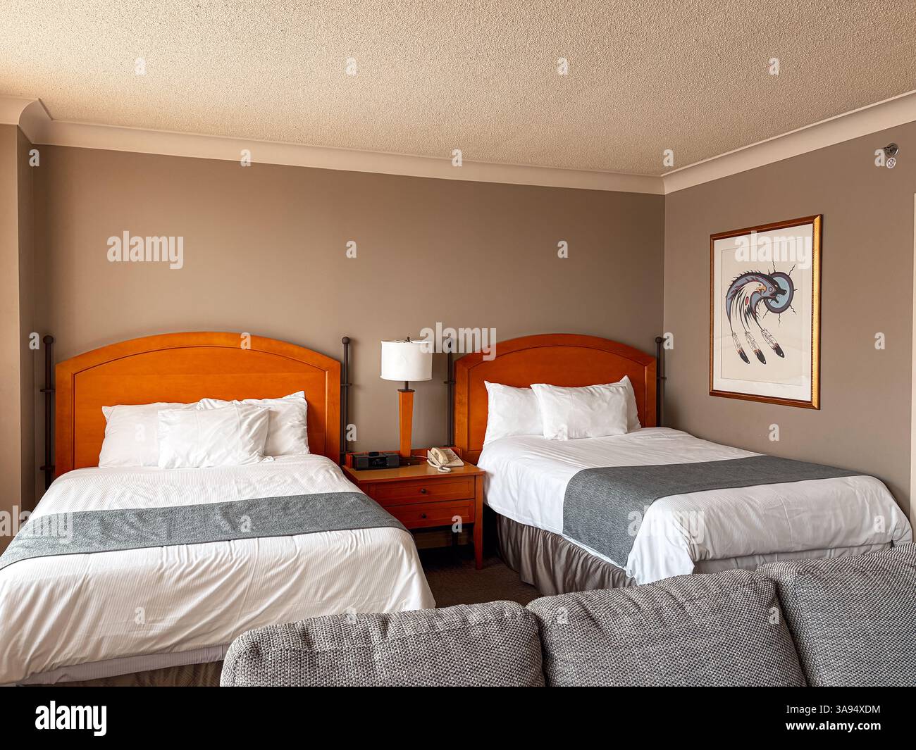 Interior of a standard Casino Rama hotel room featuring two beds, night ...