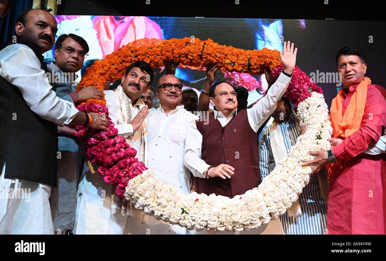 NEW DELHI, INDIA - MARCH 29: BJP National President J.P. Nadda along with Delhi BJP President ...