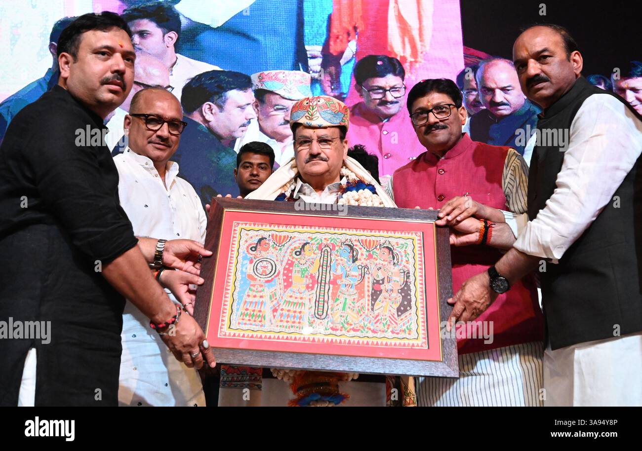 NEW DELHI, INDIA - MARCH 29: BJP National President J.P. Nadda along with Delhi BJP President ...