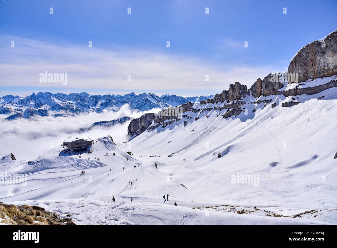 On the right, the rock faces of the Hoher Ifen (2230 m) in the ...