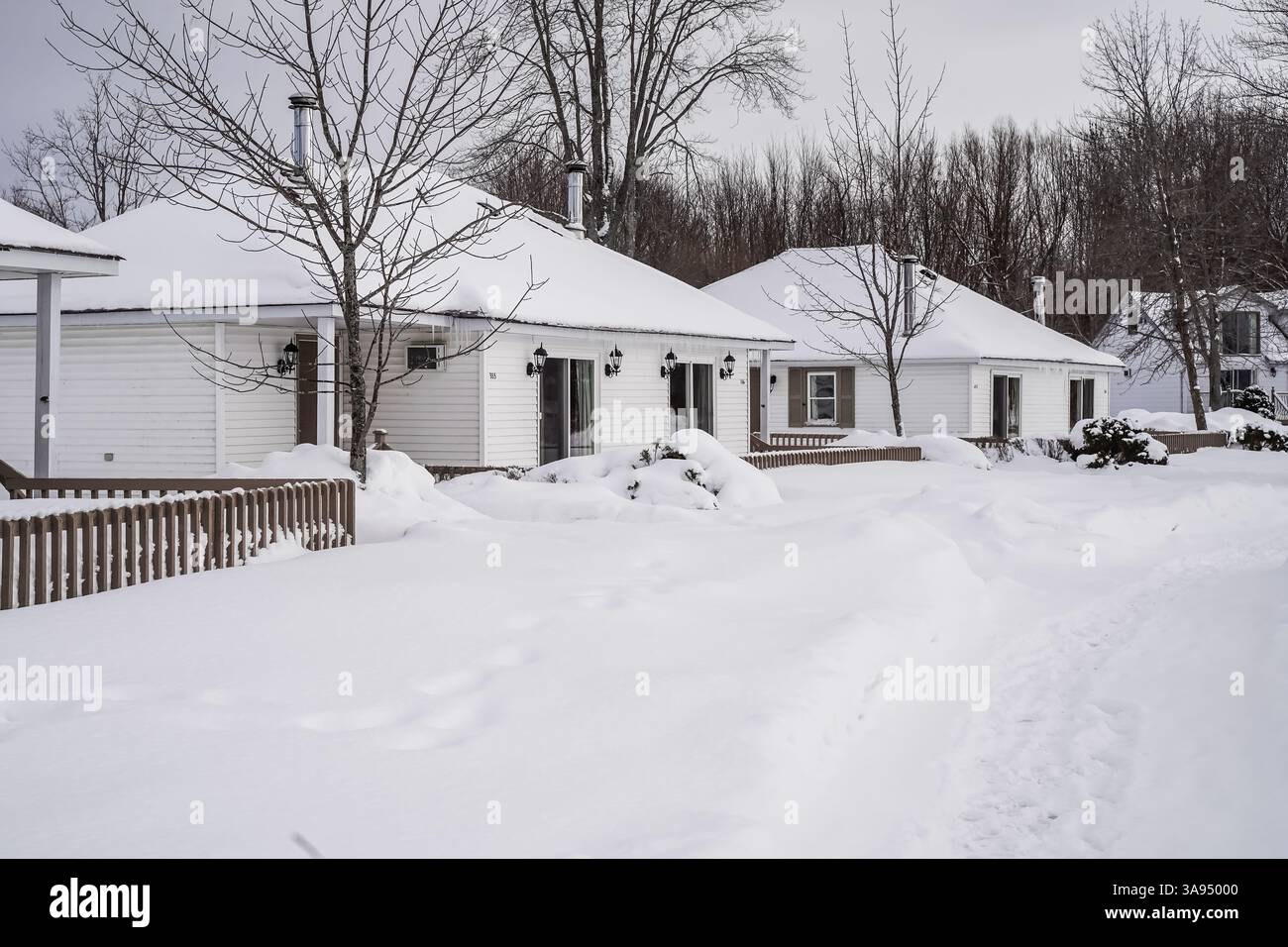 White cottages are covered with thick snow under an overcast sky, with ...