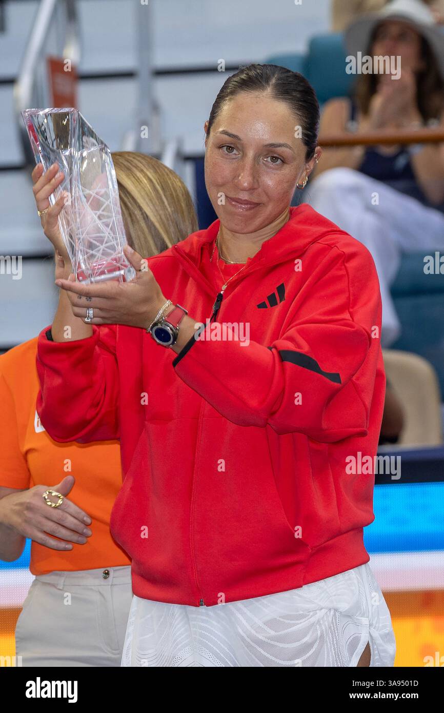 Miami Gardens, United States. 29th Mar, 2025. Jessica Pegula holds the ...