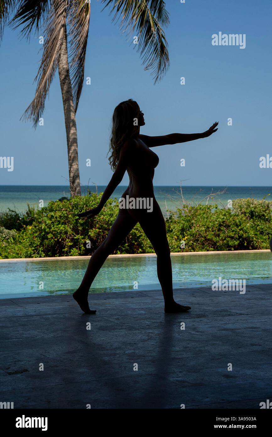 A woman's silhouette strikes a graceful yoga pose against the vibrant ...