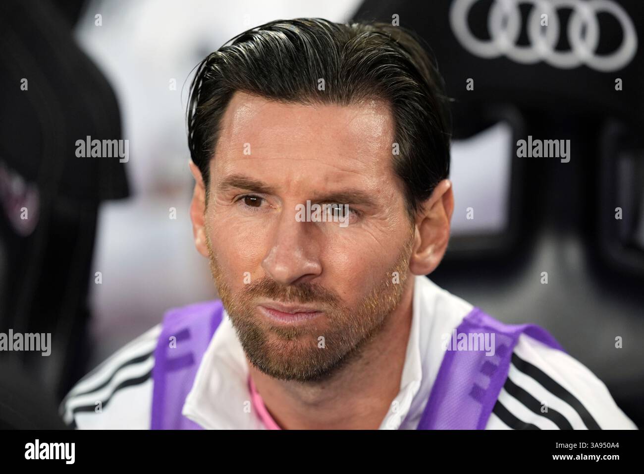 Inter Miami forward Lionel Messi sits on the team bench as a substitute ...