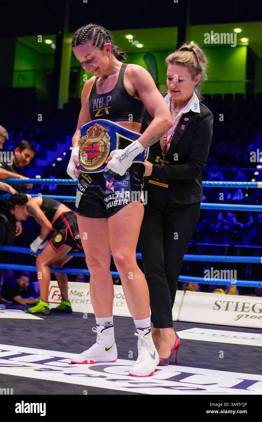 SCHWECHAT, AUSTRIA - MARCH 29: Michaela Kotaskova of Austria with the belt for the WBF World ...