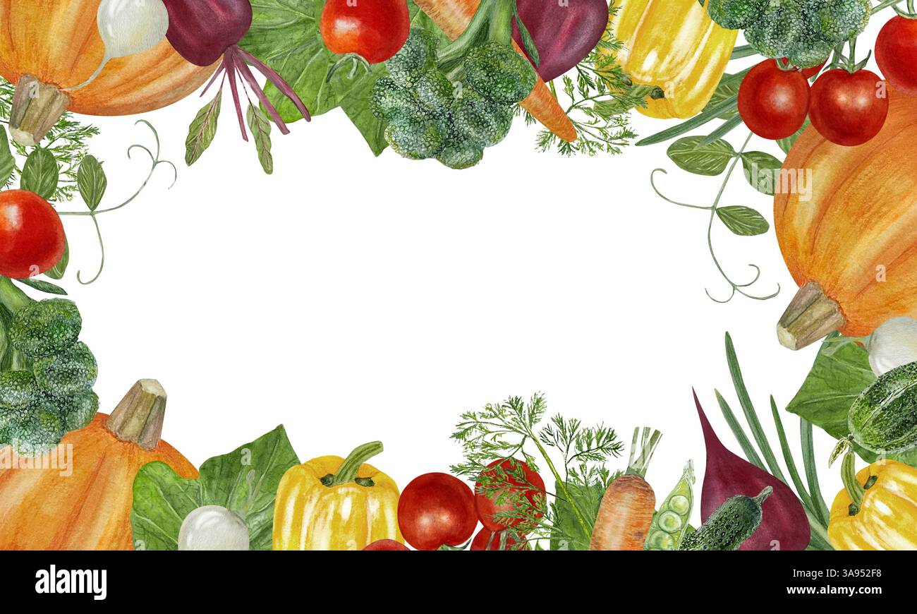 Fall vegetables harvest watercolor rectangle frame isolated on white ...