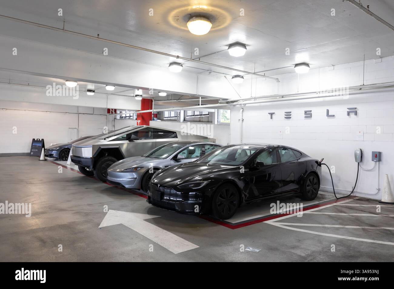 Seattle, Washington, USA. 29th March 2025. Telsa Vehicles charging at ...