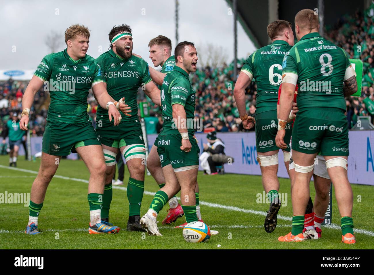 Connacht players celebrate scoring during the United Rugby Championship ...