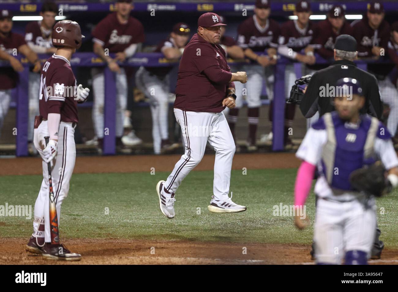 March 28, 2025: Mississippi St. Head Coach Chris Lemonis argues with ...