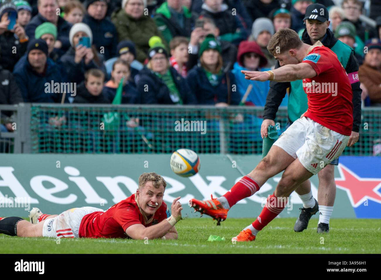 Jack Crowley of Munster takes a conversion during the United Rugby ...