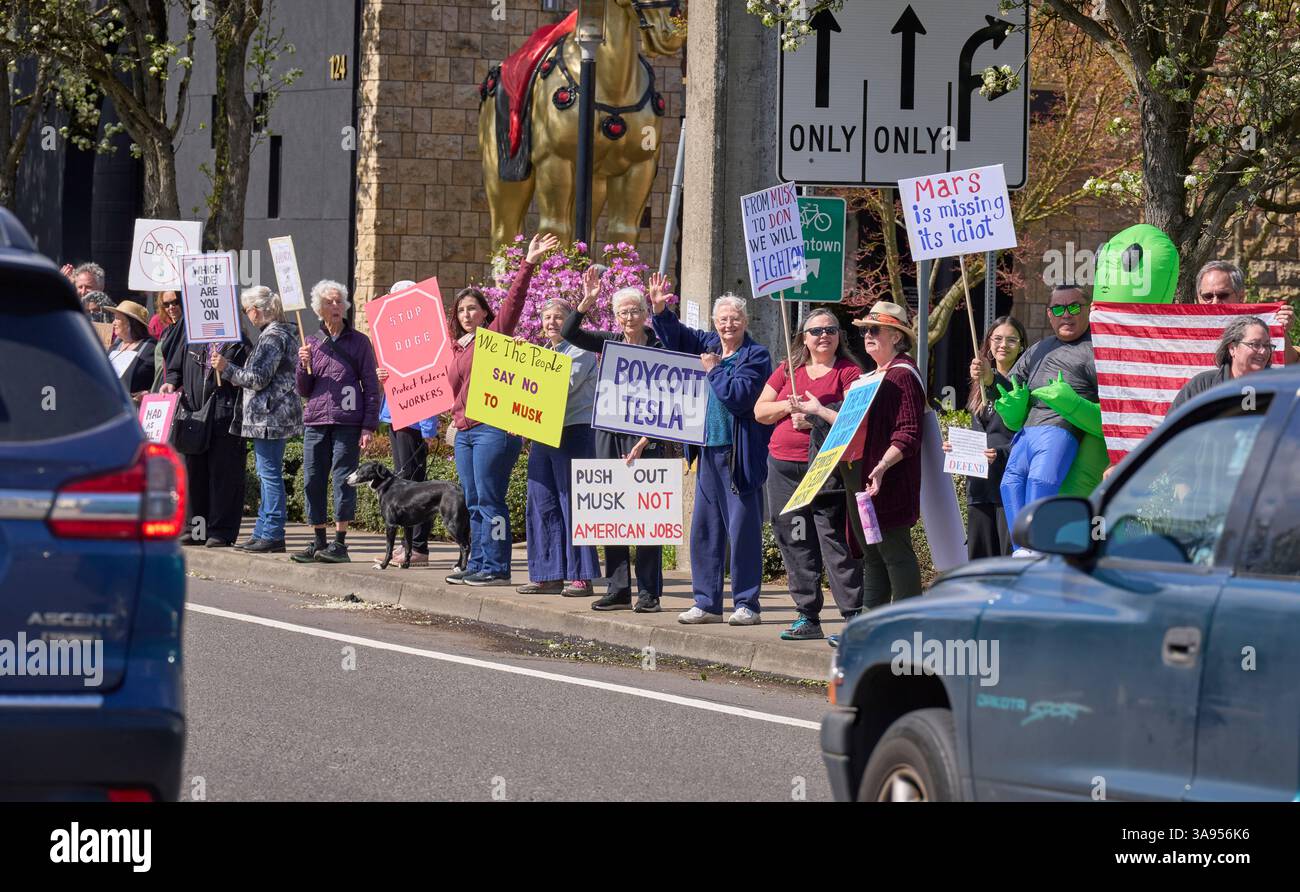 Pro-democracy demonstrators call for a boycott of Tesla in Eugene ...