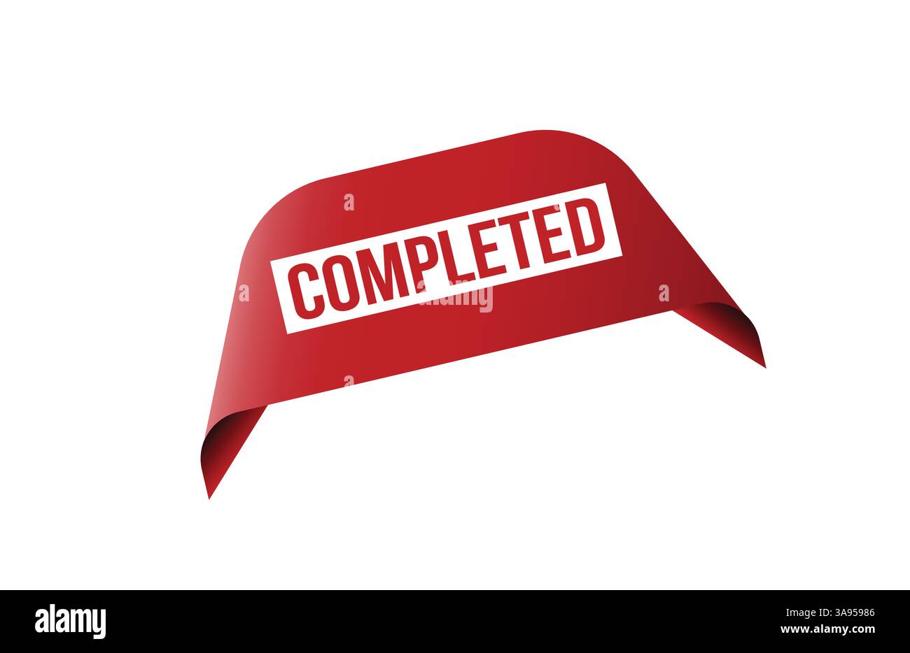 Completed red ribbon label banner. Open available now sign or Completed ...