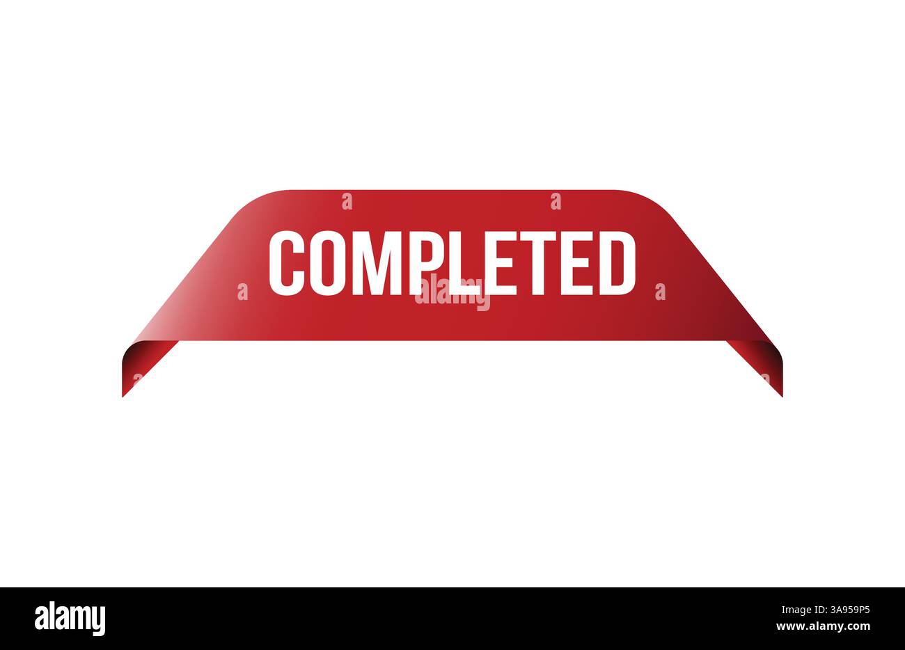 Completed red ribbon label banner. Open available now sign or Completed ...