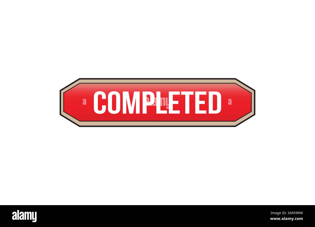 Completed red ribbon label banner. Open available now sign or Completed ...