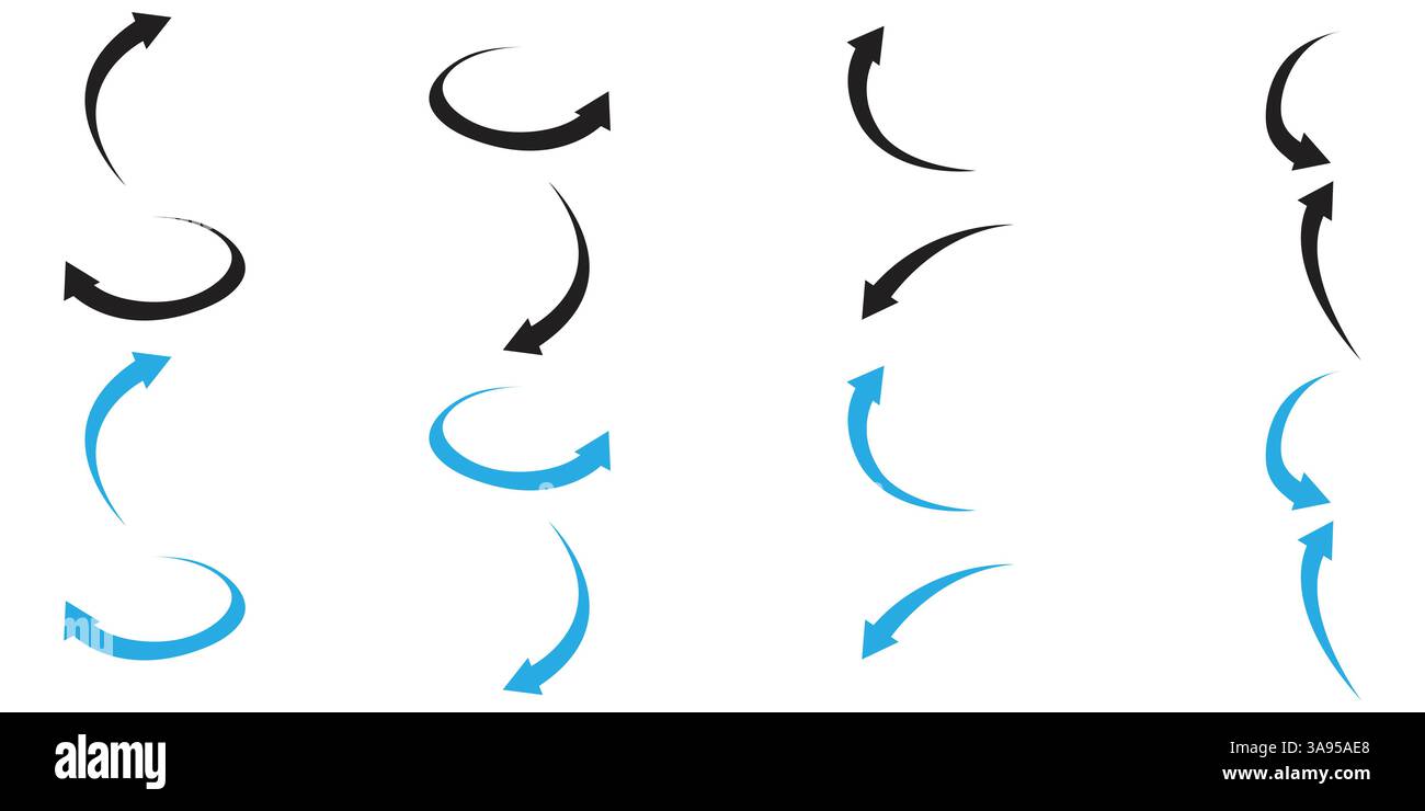 Curved shape black and blue color arrows isolated on white background ...