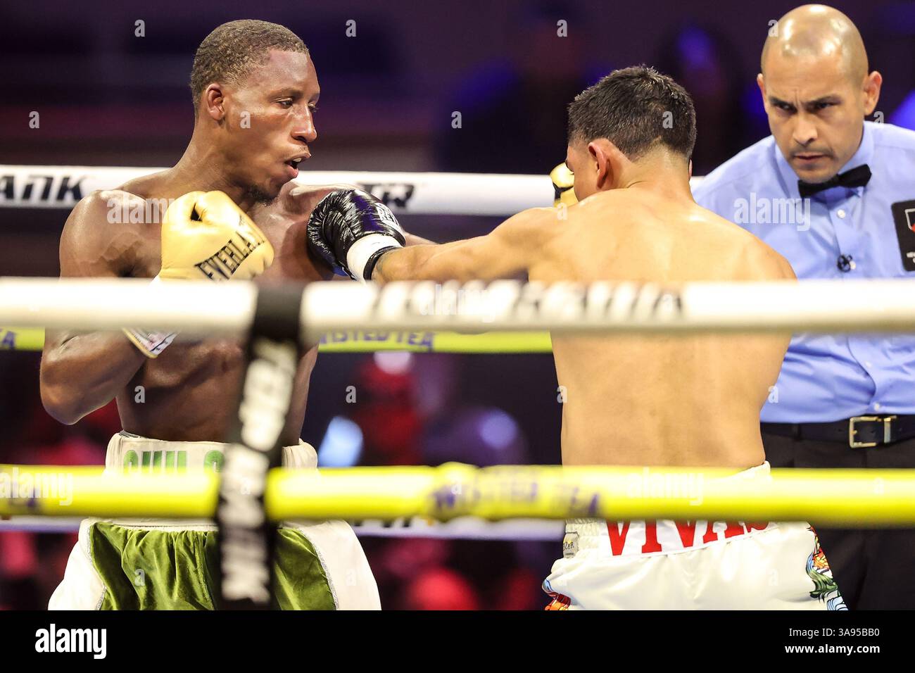 March 29, 2025: (L-R) Featherweight Bruce Carrington punches Jose Enrique Vivas during the Mayer ...
