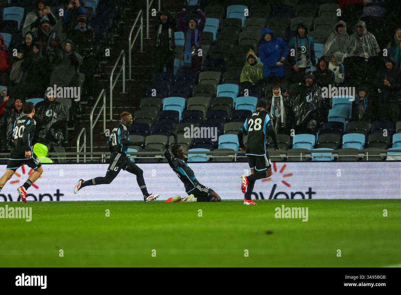 March 29, 2025: Minnesota United forward Tani Oluwaseyi (14) celebrates ...