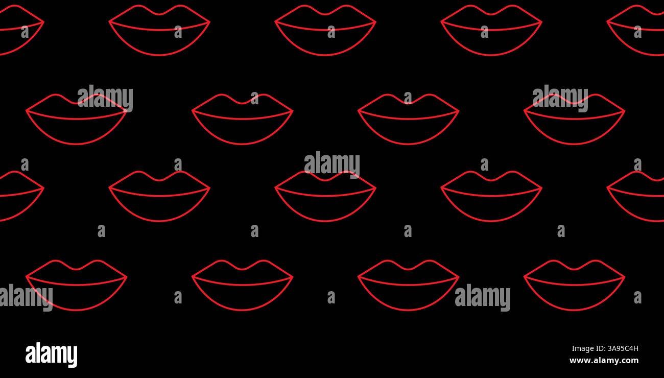 A vibrant pattern features red lips arranged in a grid on a solid black ...
