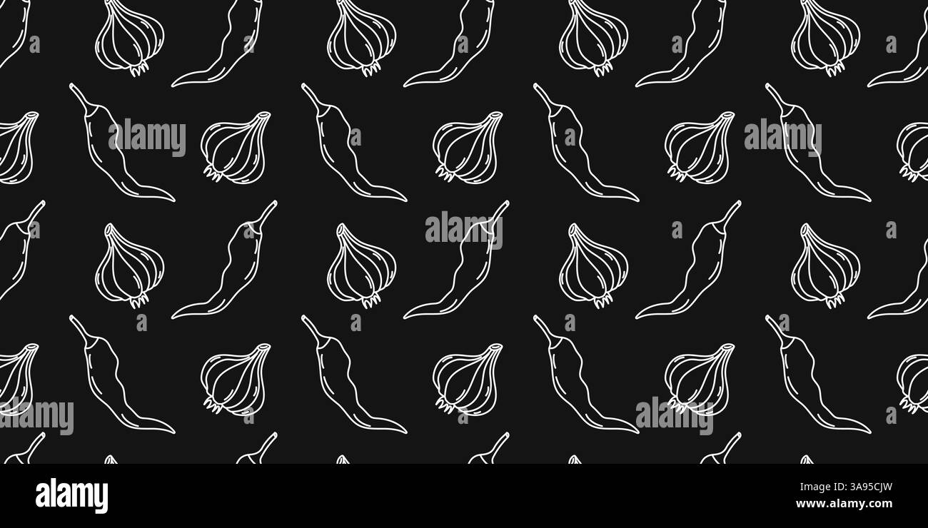 Unique pattern featuring garlic and peppers on a black background for ...