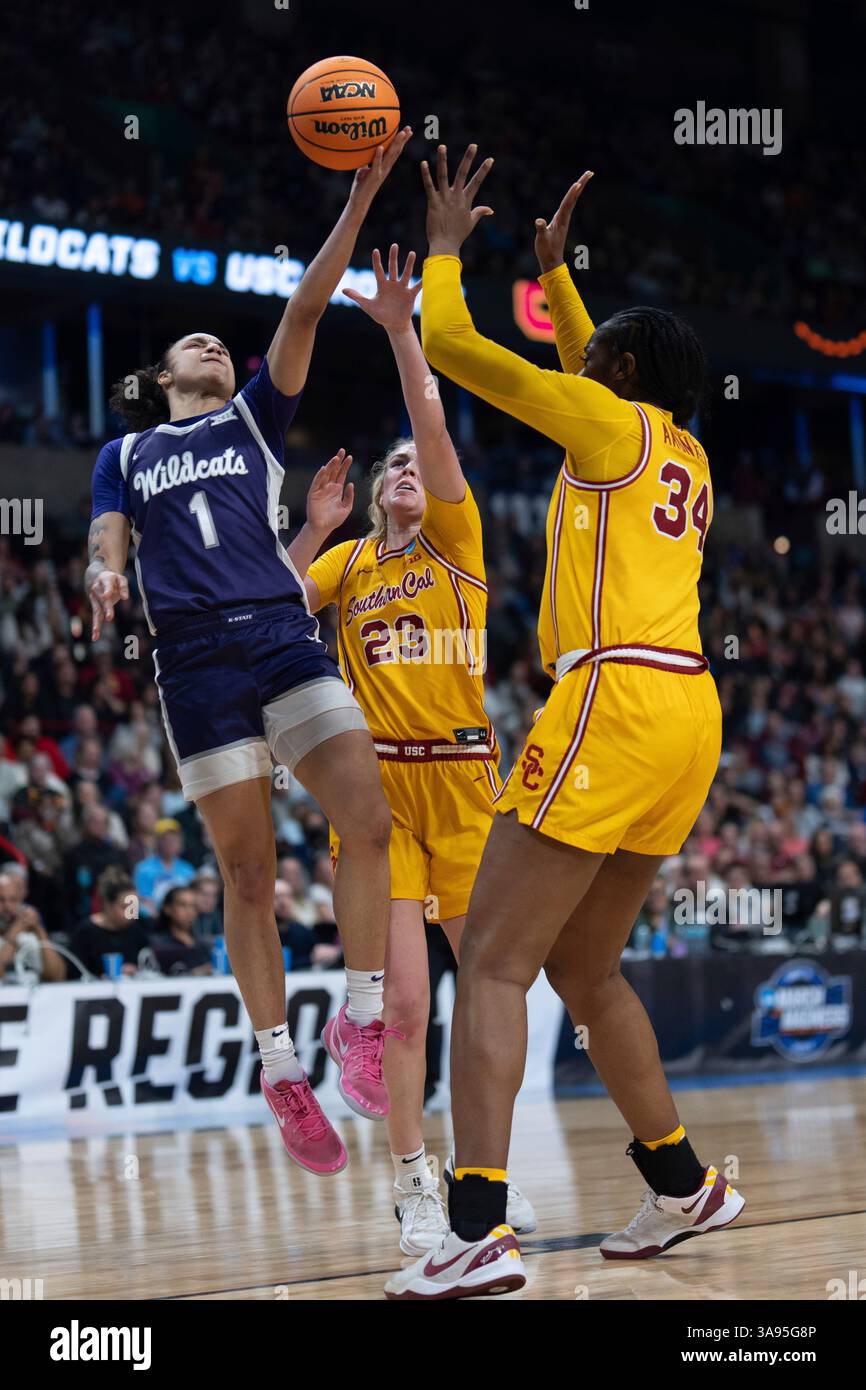 Kansas State guard Zyanna Walker (1) shoots as Southern California ...