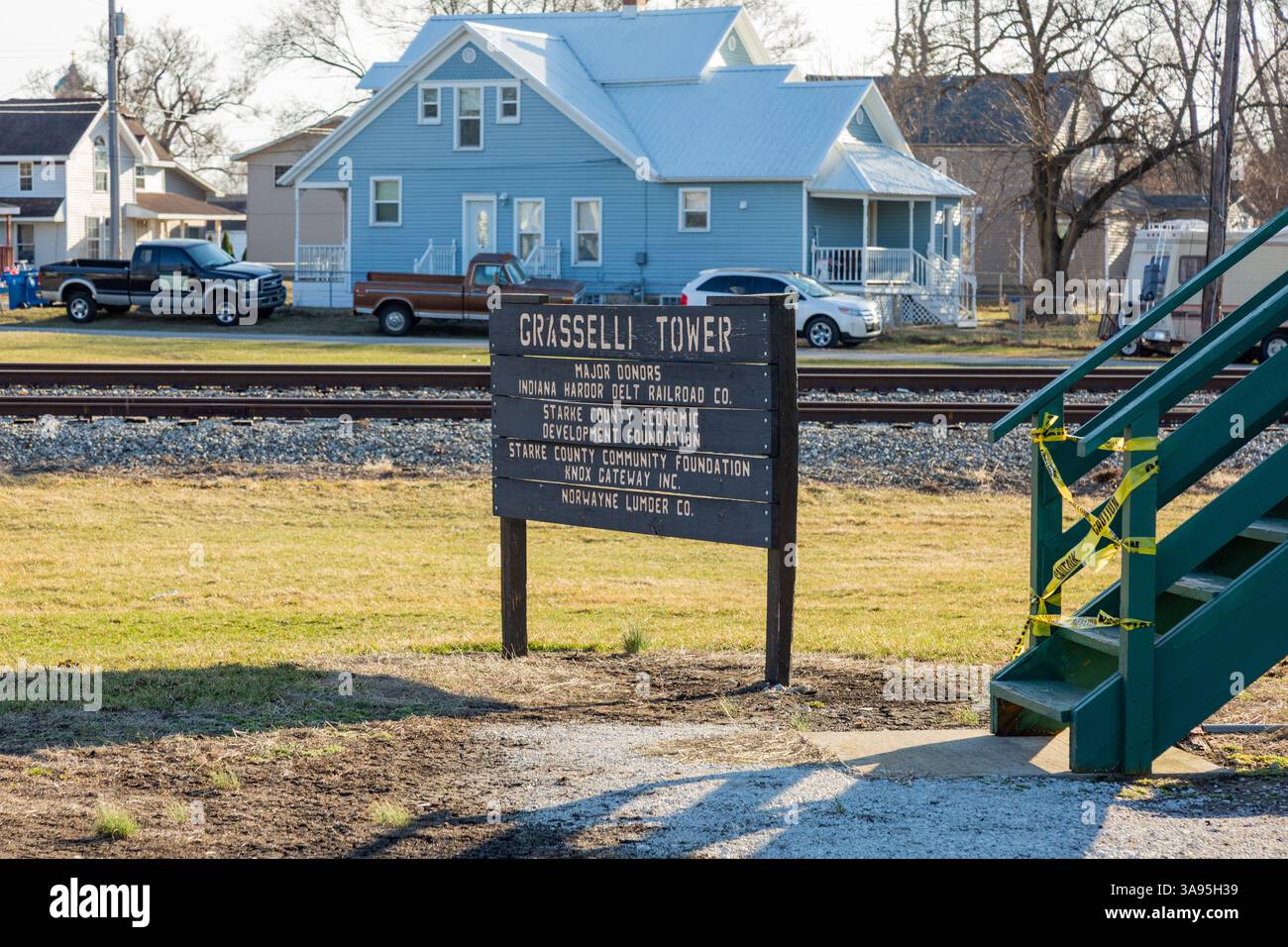 A sign at the Grasselli Interlocking Railroad Tower at the Hoosier ...