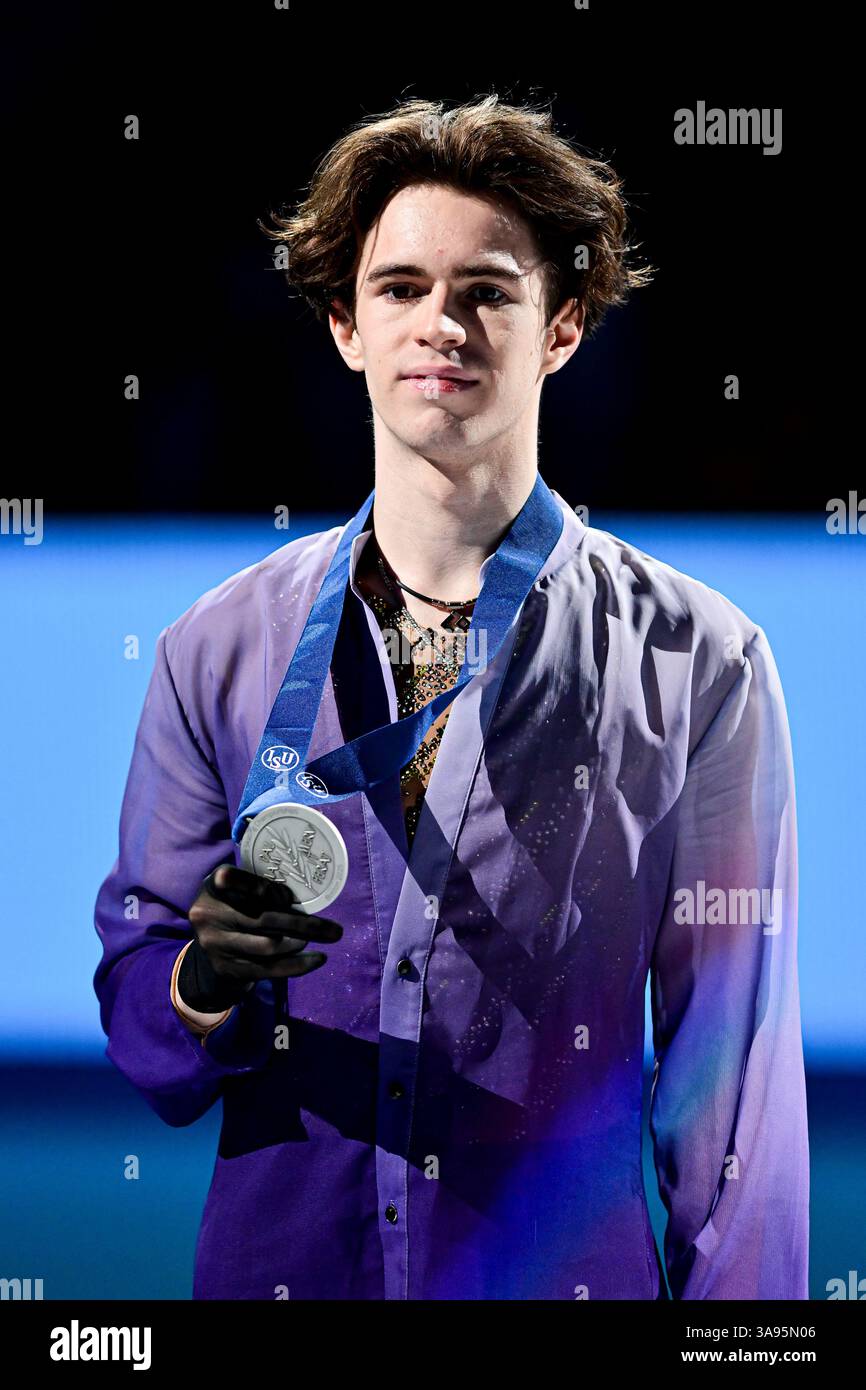 Men Awards, L-R, Mikhail SHAIDOROV (KAZ) second place, during Victory Ceremony, at the ISU World ...