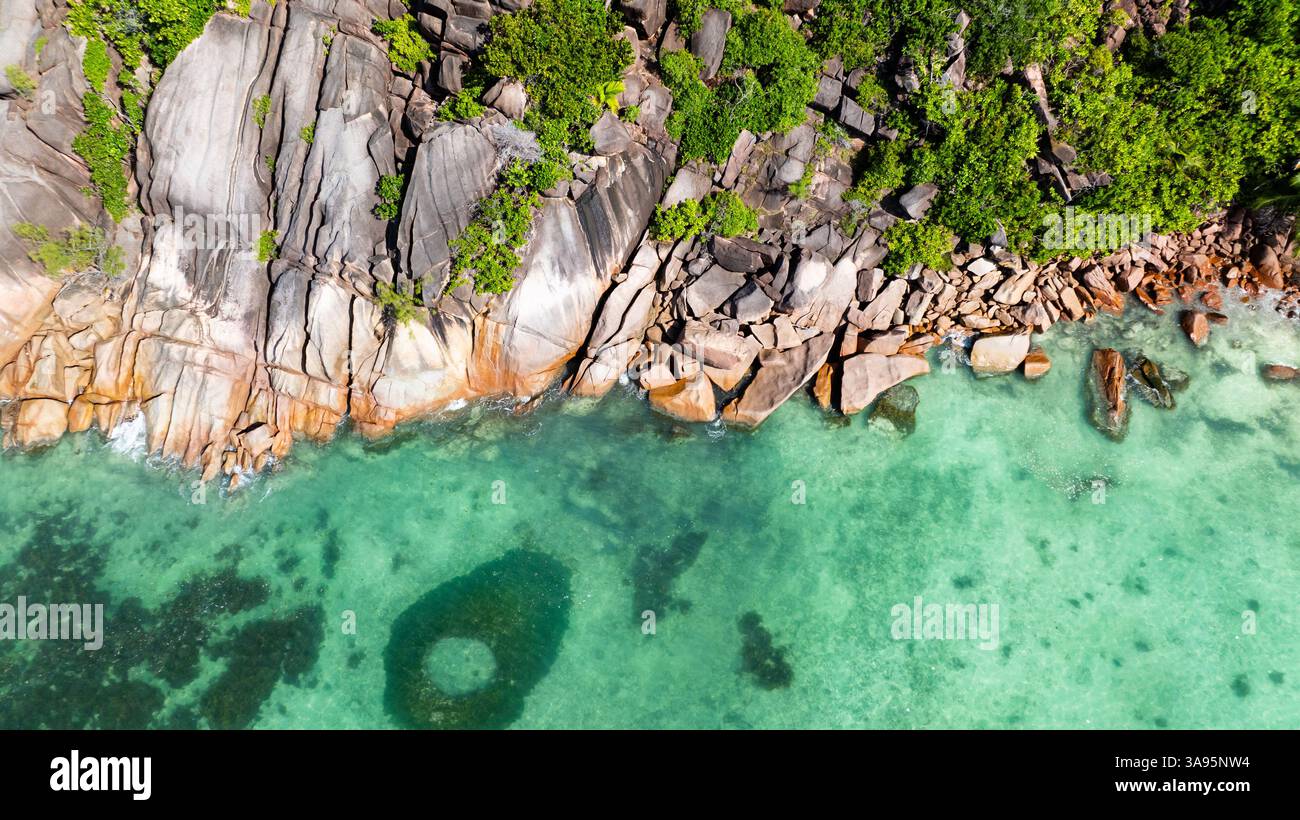A dense jungle cascades down to a rocky shoreline with clear waters ...