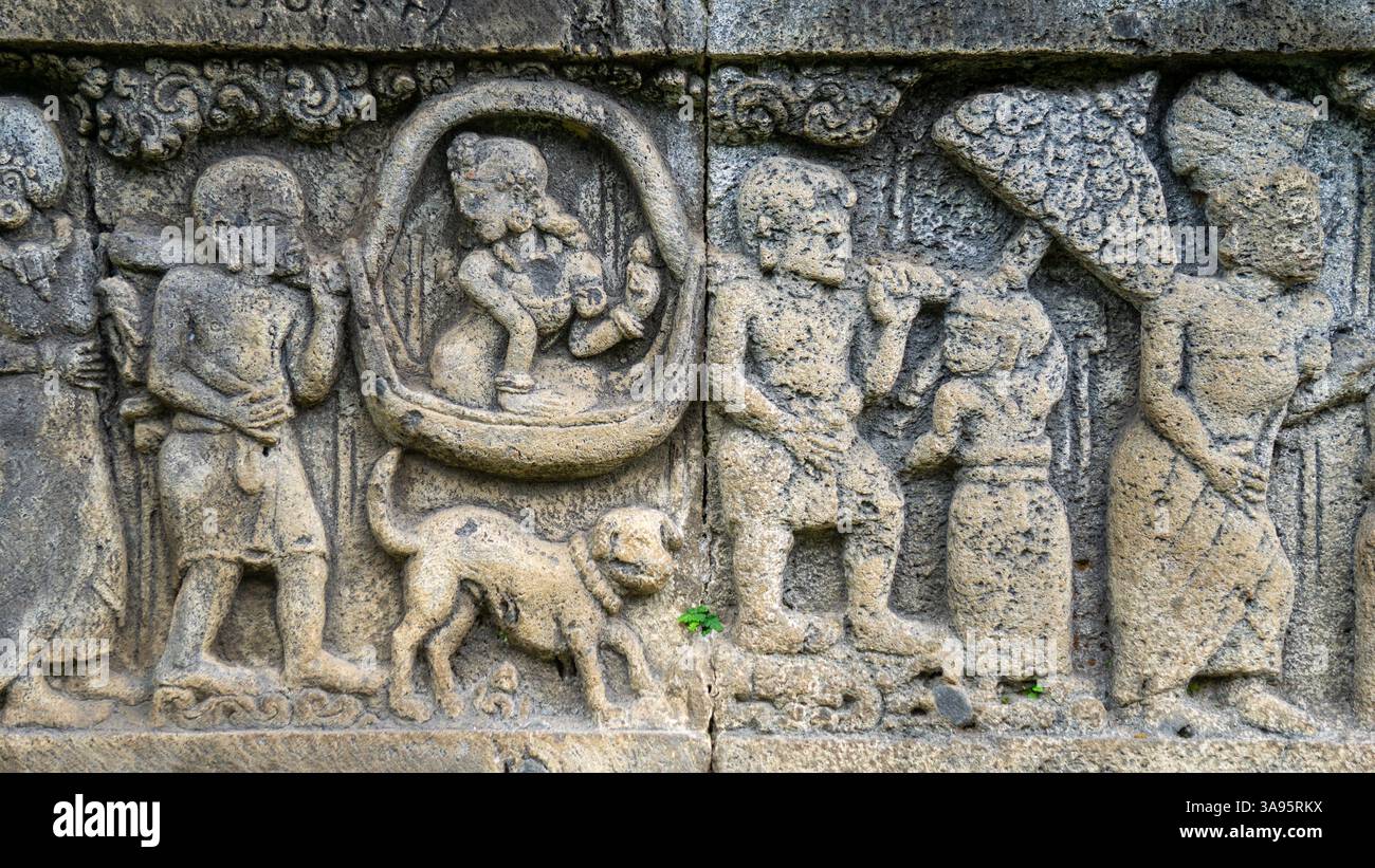 Carvings on the stone walls of Penataran temple. Penataran temple is ...