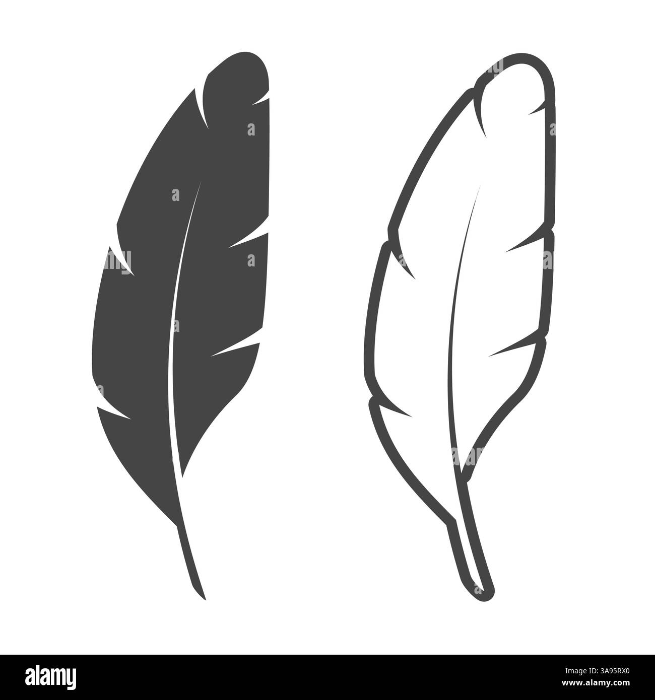 Two curved feathers, silhouette and outline. Flat vector illustration ...