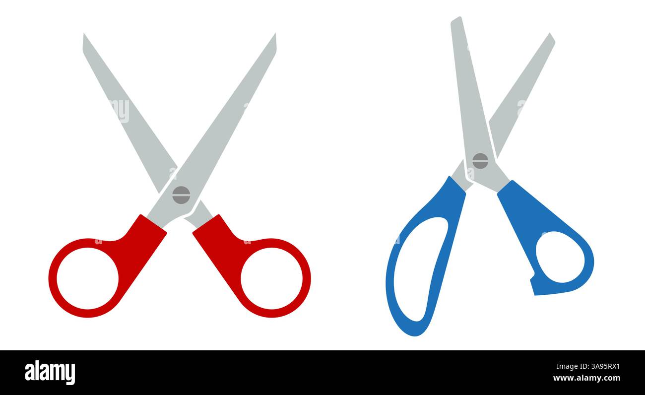 Simple and complex asymmetrical open straight scissors, red and blue ...