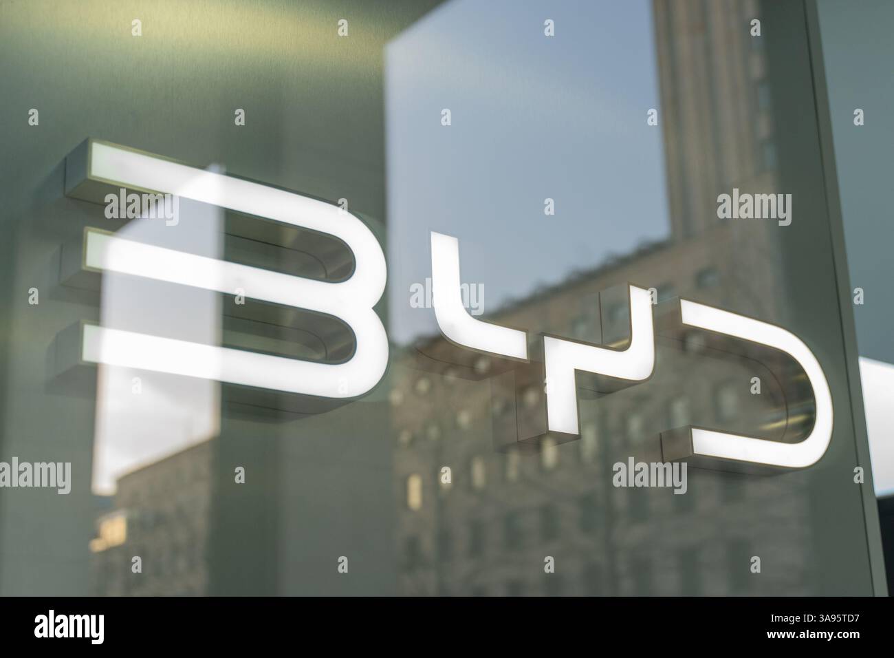 Warsaw, Poland. 29th Mar, 2025. BYD electric cars carmaker logo is seen ...