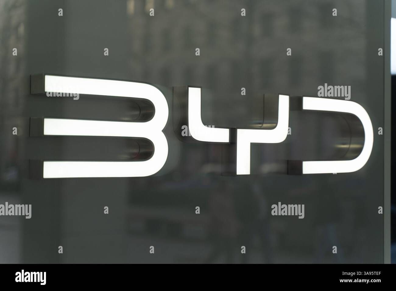 BYD electric cars carmaker logo is seen at the BYD saloon in Warsaw ...