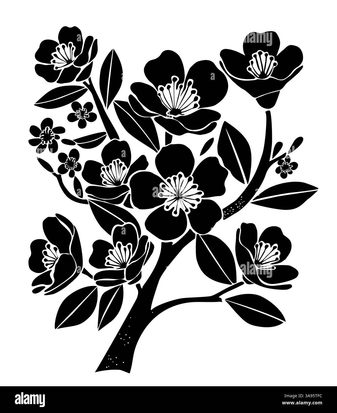 Cherry Blossom Branch in Bloom Black Silhouette Stock Vector Image ...